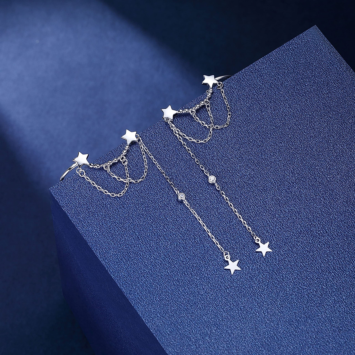 Reffeer Solid 925 Sterling Silver Star Cuff Earrings Chain Dangle for Women Star Wrap Earrings Crawler (A-Silver)