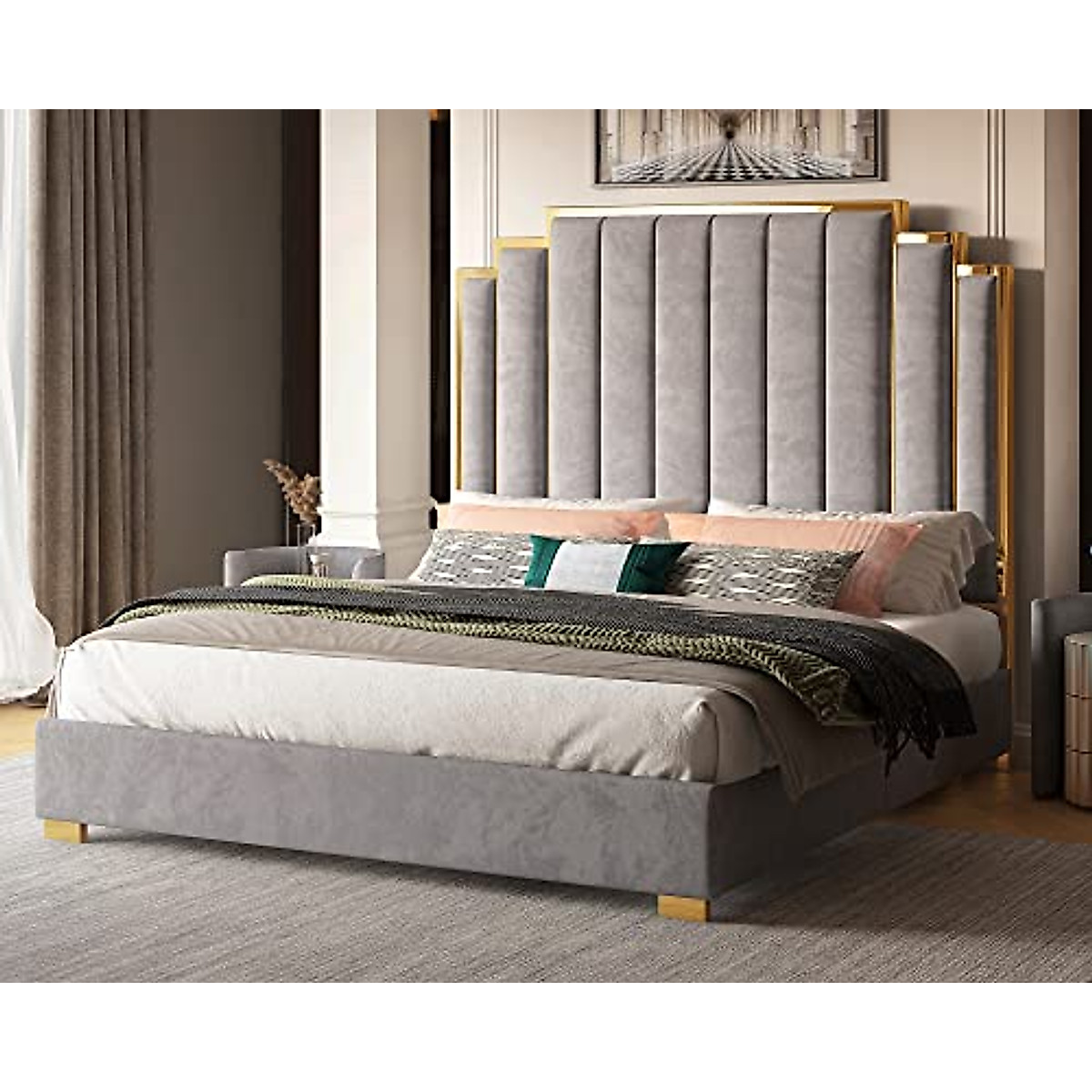 Albott King Size Platform Bed Frame, 65" Velvet Upholstered Bed with Gold Trim Headboard/Wooden Slats/No Box Spring Needed/Grey