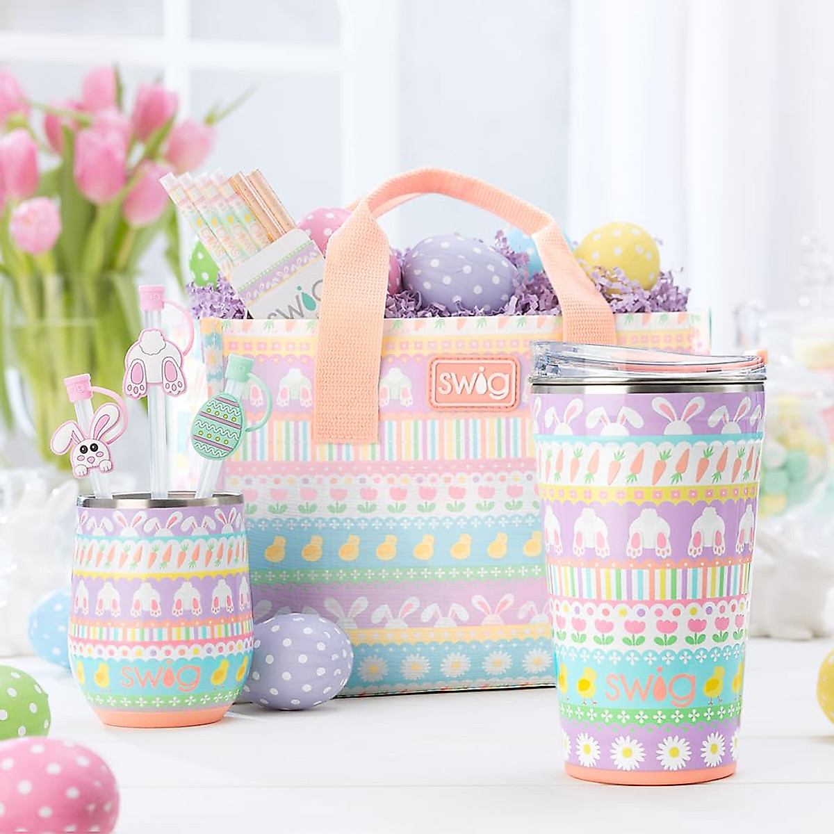 Swig Life 24oz Party Cup, Stackable Insulated Travel Coffee Tumbler with EZ Slider Lid, Cup Holder Friendly Travel Thermos, Stainless Steel 24 oz Tumbler, Reusable Coffee Mug (Bunny Trail)