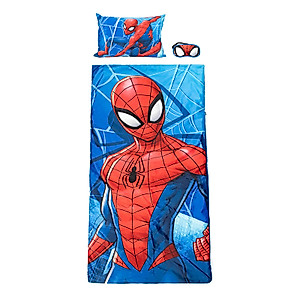 Jay Franco Marvel Spiderman 3 Piece Sleepover Set - Cozy & Warm Kids Slumber Bag with Pillow & Eye Mask (Official Marvel Product)