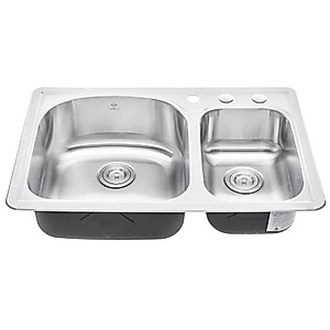 CozyBlock 33 x 22 x 8 Inch 70/30 Offset Top-mount/Drop-in Stainless Steel Double Bowl Kitchen Sink with Strainer and Protective Bottom Grid - 18 Gauge Stainless Steel-3 Faucet Hole
