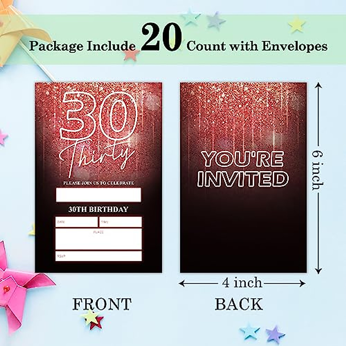 Ziyouza Neon Pink Birthday Invites, 30th Birthday Party Invitations for Woman and Man, Rose Gold Glitter Birthday Party Invitations (20 Count with Envelopes) for Adult Birthday, Surprise Party-26