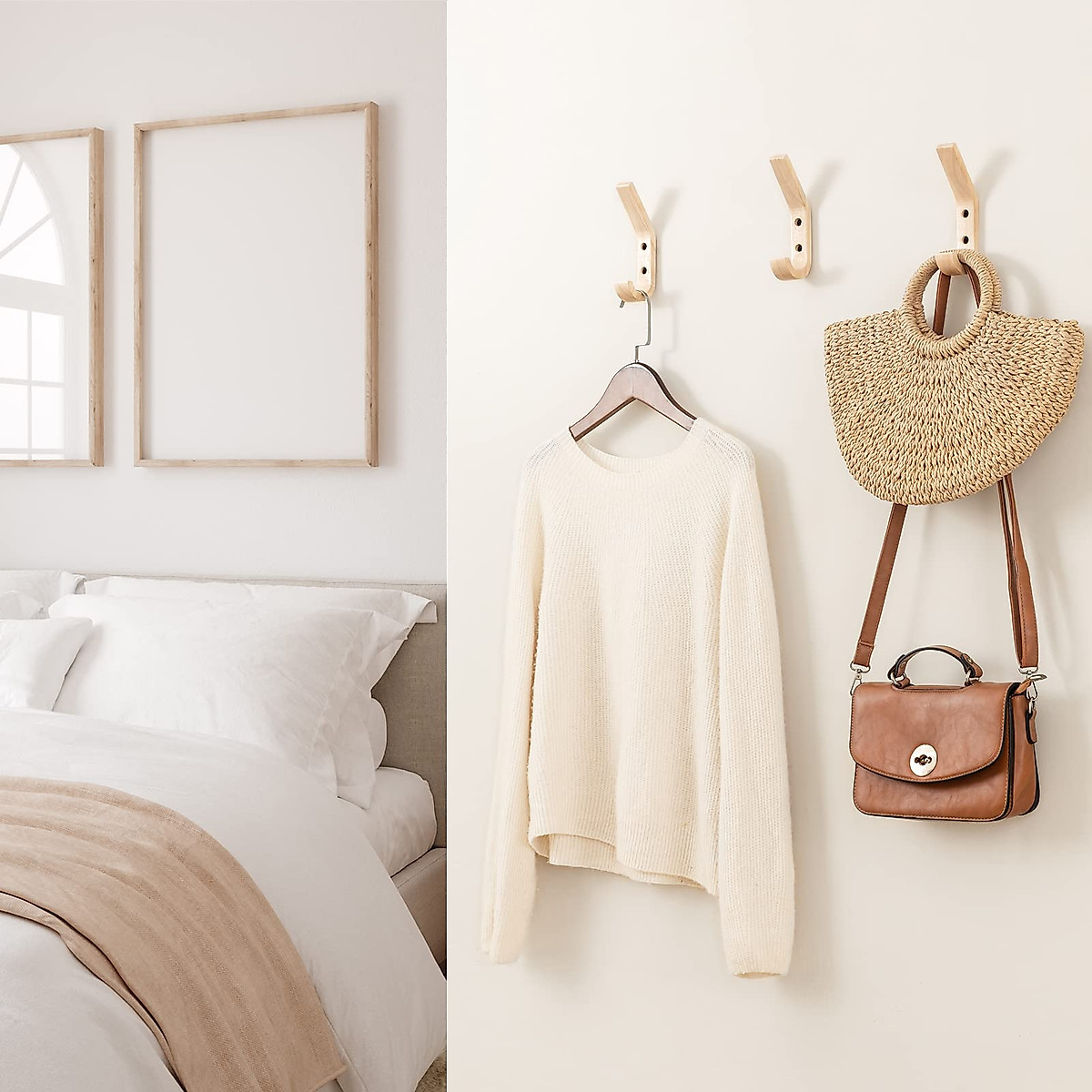 UBTKEY 4 Pack Wooden Coat Hooks Wall Hooks for Hanging, Natural Oak Wood Coat Hooks Wall Mounted Heavy Duty Entryway Hooks for Hanging Coats