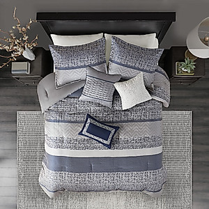 Madison Park Luxury Comforter Set-Traditional Jacquard Design All Season Down Alternative Bedding, Matching Bedskirt, Decorative Pillows, Queen(90"x90"), Rhapsody, Geometric Navy 7 Piece