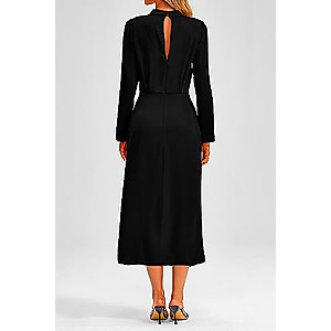 PRETTYGARDEN Women's 2023 Fall Satin Dress Long Sleeve Mock Neck Ruched Side Slit Elegant Silk Cocktail Party Maxi Dresses (Black,Large)