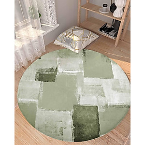 Sage Green Geometric Fluffy Round Area Rug Carpets 3ft, Plush Shaggy Carpet Soft Circular Rugs, Non-Slip Fuzzy Accent Floor Mat for Living Room Bedroom Nursery Decor Modern Abstract Smear Street Art