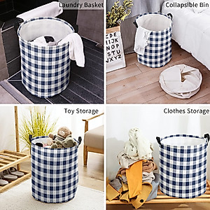 Navy Blue White Plaid Laundry Basket Large 16.5"x17" Waterproof Laundry Hamper, Farmhouse Checkered Buffalo Collapsible Toys Blankets Storage Baskets Clothes Hamper for Bathroom Bedroom Living Room