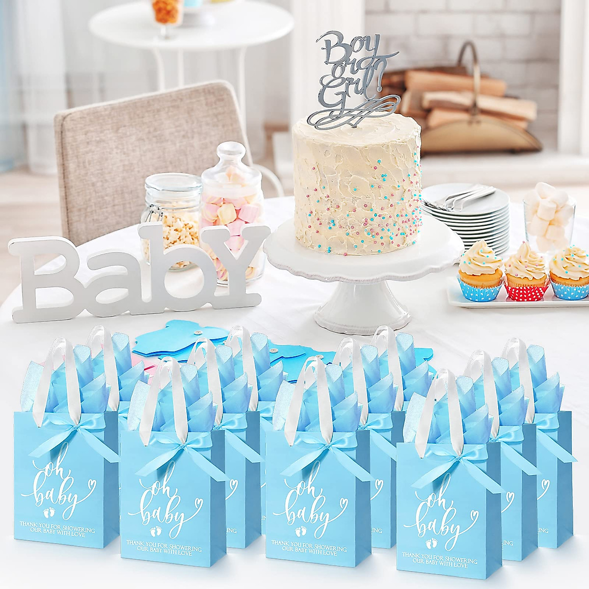 PerKoop 50 Pack Baby Shower Gifts Bag with Tissue Papers Baby Shower Bag with Handle Paper Gift Bag and 50 Sheets Decorative Tissue Paper for Guests Gifts Gender Reveal Baby Shower Favors (Blue)