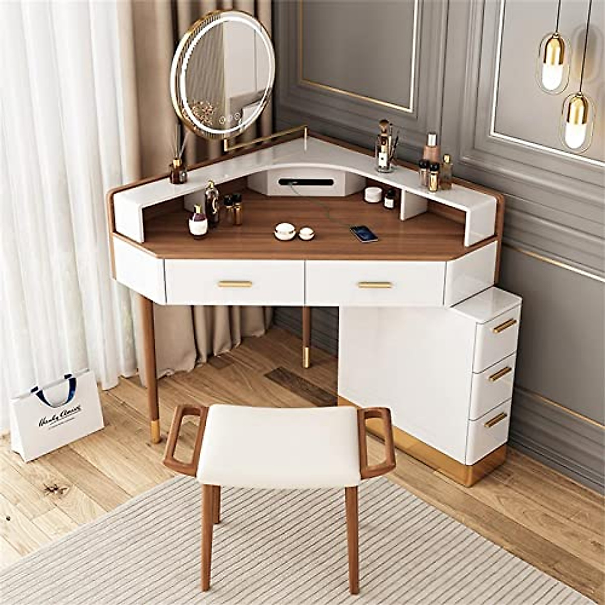 i-POOK Luxury Modern Corner Vanity Table Set with 17.51" Touched Led Lights Mirror, 1 USB Plug and 2 Two-Prong Outsiat, White Wood Makeup Dressing Table with Stools for Girls Bedroom