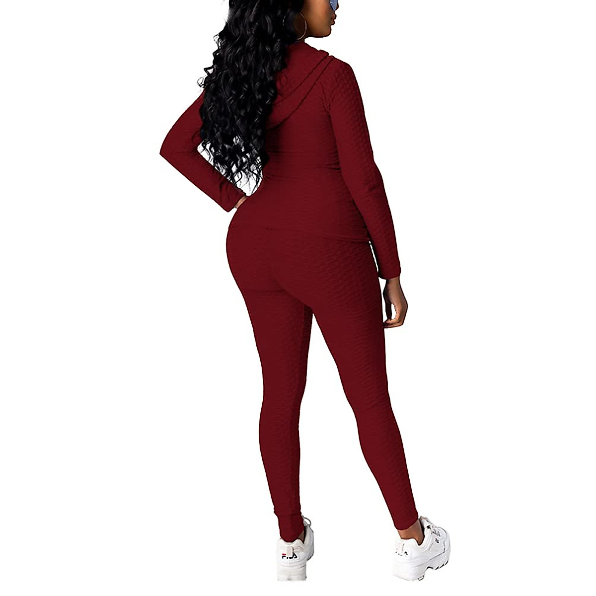 Elosele Womens Tracksuit Workout Outfits Sweatsuit - Long Sleeve Zip Up Hooded Jacket High Waist Textured Leggings Yoga Activewear Set Wine Red M