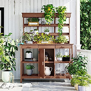Polibi Potting Bench Table with 4 Open Shelves and 2 Drawers, 66" Large Farmhouse Wooden Outdoor Patio Workstation, Garden Potting Bench with Cabinet for Backyard, Mudroom (Brown)