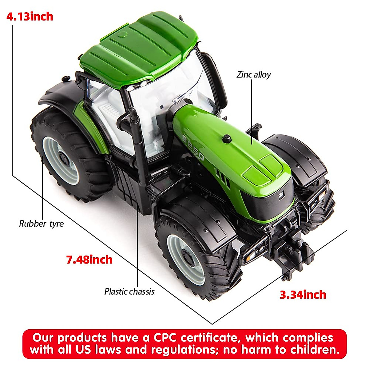 TGRCM-CZ 1:30 V-TRONIC 8250 Farm Tractor, Sound Toy Truck Tractor with Detachable Roof and Openable Engine Cover, Glide Forward Tractor Toys for Kids Boys Girls Outdoor Games, Green
