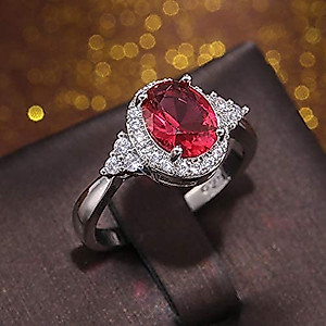 Sdouefos 925 Sterling Silver Red Created Oval Ruby Micro-inlaid Zircon Women's Engagement Ring(US Code 8)