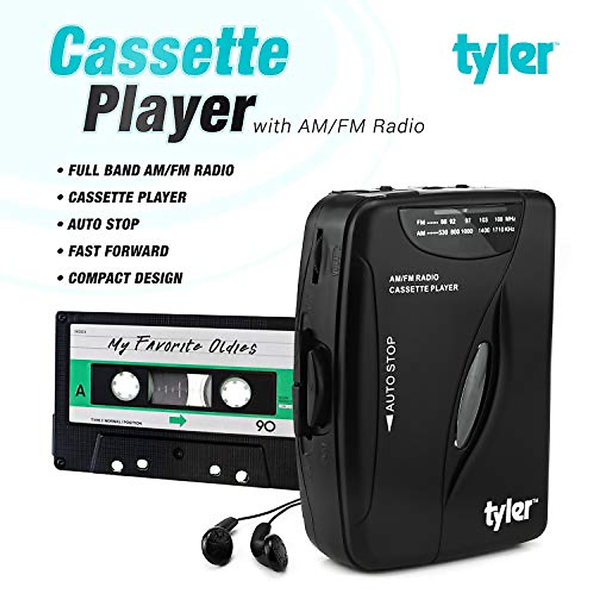 Tyler TCP-02 Portable Stereo Cassette Player - Slim 7 x 5 x 2-Inch Listening Device with Tape Deck and Dual Band AM/FM Radio - Retro-Style Battery-Operated Music Tool with Sport Earbuds and Belt Clip
