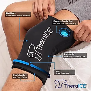 TheraICE Knee Ice Pack Wrap Compression Sleeve for Injuries, Reusable Gel Cold Packs Brace Also for Elbow, Ankle & Calf - Flexible Cold Wrap Recovery for Meniscus, ACL, MCL Pain Relief (M)