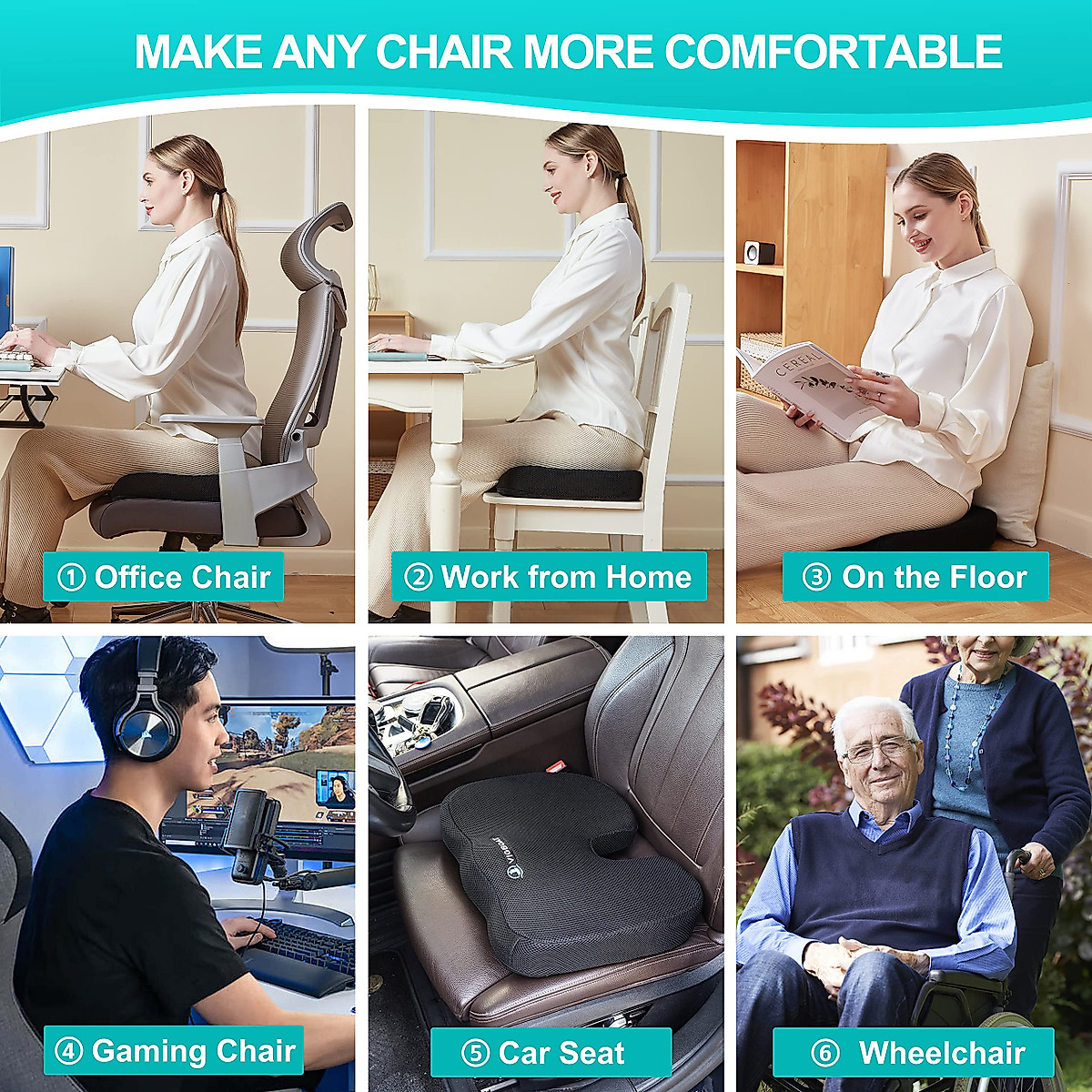 VIGBOAT Seat Cushion, Office Chair Cushions for Long Sitting, Memory Foam Butt Pillow with Handle, Ergonomic Coccyx, Sciatica, Hip, Back, Tailbone Pain Relief Pad for Desk Chair, Wheelchair, Car Seat