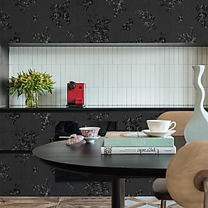 Lativo Black Peel and Stick Wallpaper Silk Embossed Floral Contact Paper for Cabinets Drawers Furniture 118×17.7''Textured Flower Wallpaper Removable Kitchen Wallpaper for Bathroom Waterproof Thicken