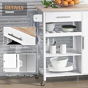 HOMCOM Rolling Kitchen Island with Storage, Kitchen Cart with Solid Wood Countertop, Drawer, Adjustable Shelf and Wine Rack, White