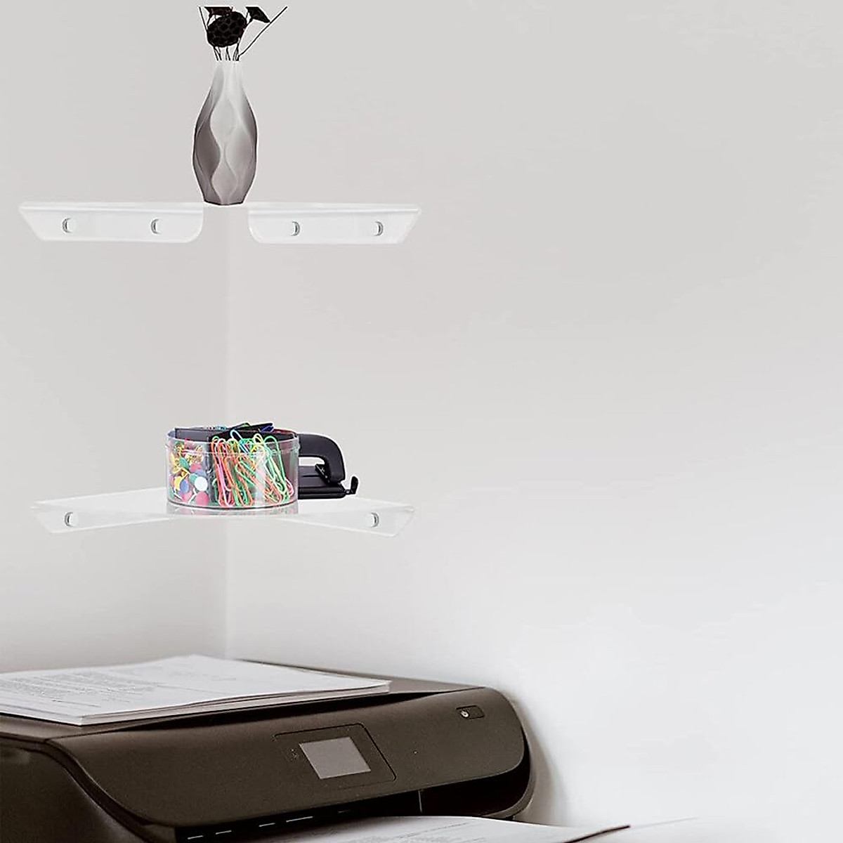 Ztexkee Acrylic Corner Floating Shelves, 2 Pack Acrylic Wall Mount Floating Corner Shelves Wall Storage Display Organizer for Bathroom Bedroom Living Room Kitchen Home Decor