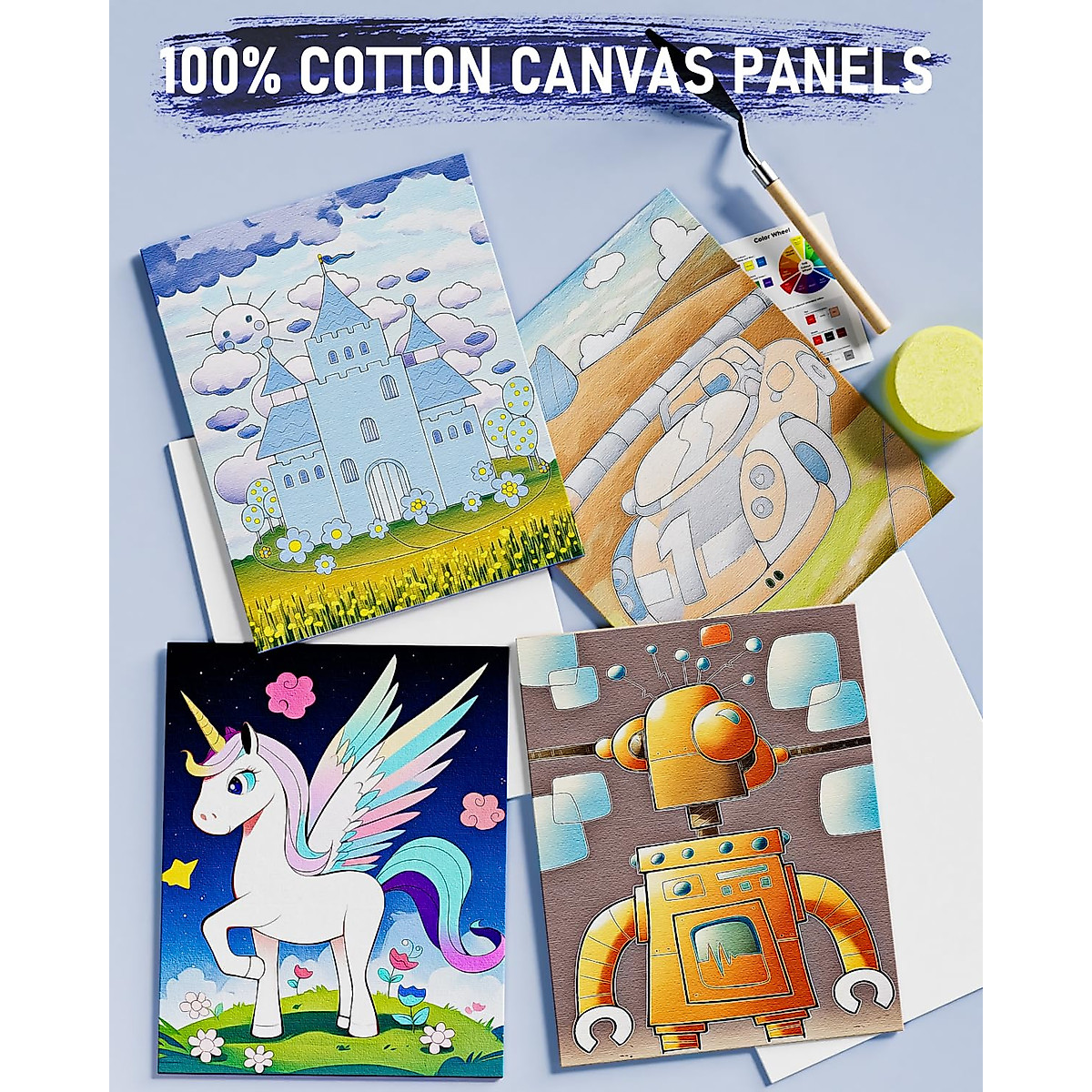 Nicpro 34PCS Kids Painting Set with Pattern Canvas, Art Painting Supplies Kit with 12 Acrylic Paints,10 Brushes,6 Canvas Panels,Table Easel,Paper Pad,Color Wheel,Palette for Beginner Student Toddlers