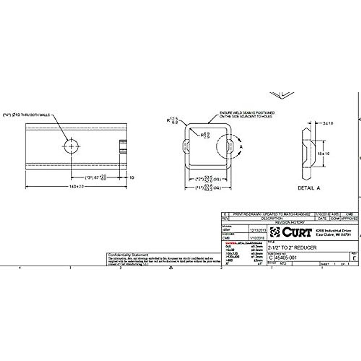 CURT 45405 Trailer Hitch Receiver Adapter Reducer Sleeve, 2-1/2 to 2-Inch