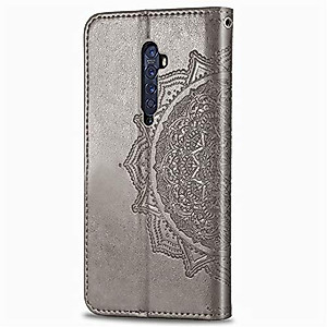 SATURCASE Case for Oppo Reno2 Z, Mandala Embossing PU Leather Flip Magnet Wallet Stand Card Slots Protective Cover with Hand Strap for Oppo Reno2 Z (Gray)