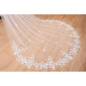 ELAWBTY 1 Tier Floral Lace Wedding Bridal Veil For Bride 3 M White Cathedral Length