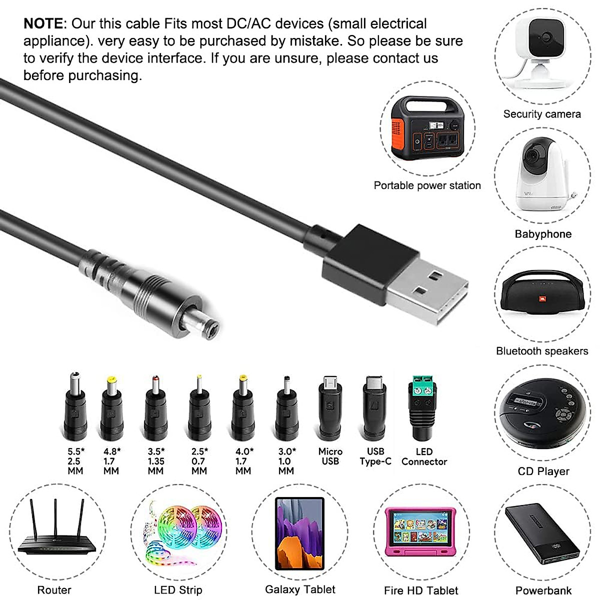 TAIFU USB TO 12V Power Cord/Adaptor Supply Cable 9 Tip Plug for Led Flexible Light Strip, Switch, Router, Surveillance, CCTV Wireless IP Camera, LED, Car baby monitor cordless phone base Power Adapter