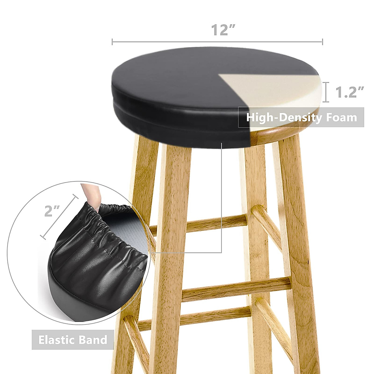 Shinnwa Bar Stool Cushion Round Foam Padded Seat Cushions Waterproof Leather Bar Stool Covers with Elastic and Non Slip Bottom 12 Inch Black