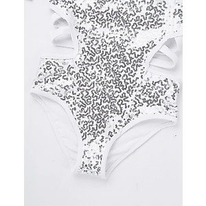 Jowowha Girls Sparkly Sequins Cutout Back Gymnastic Leotards Halter Neck One-Piece Ballet Dance Unitard Top Bodysuit Jumpsuit White 10 Years