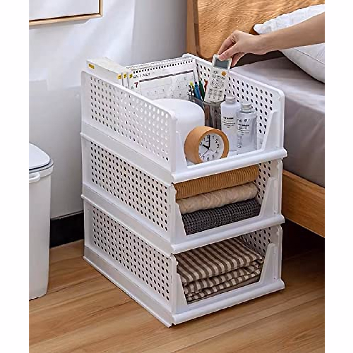 4-Pack Foldable Wardrobe Storage Box,Stackable Clothes Drawer Organizer,Closet Container Bin,Plastic Closet Organizer Basket,Collapsible Large Capacity Shelves Storage Bin for Office, Kitchen, Bedroom(White)