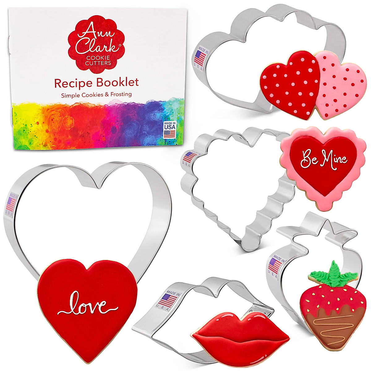 Valentines Day Cookie Cutters 5-Pc. Set Made in USA by Ann Clark, Heart, Strawberry, Scalloped Heart, Lips, Double Heart