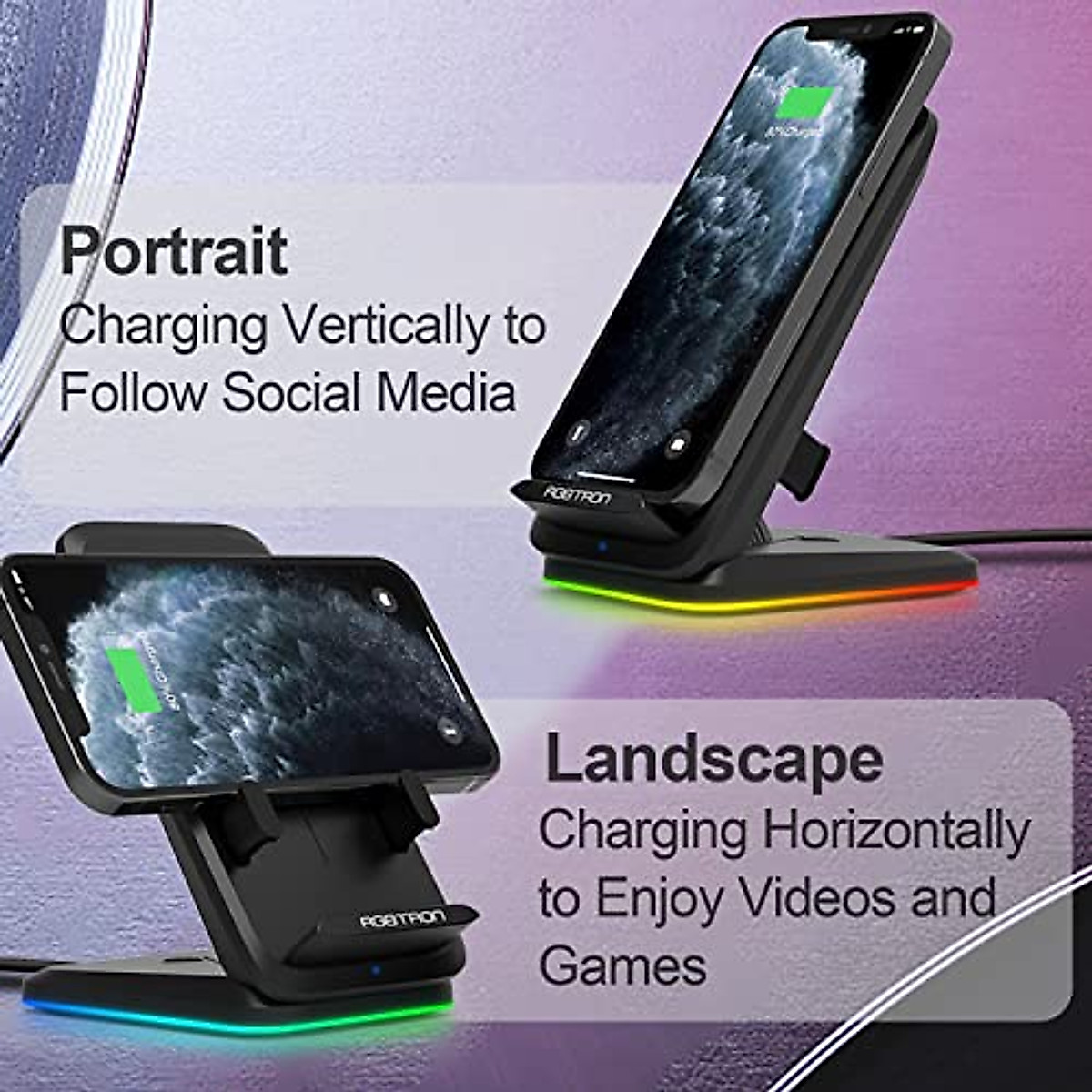 RGB Wireless Phone Charger, 15W Fast Charging Stand Qi Charger Pad for iPhone 14/13/SE/12/11/X/XR/8/Pro Max/Plus/Mini, Samsung Galaxy S22/S21+/S20/S10/Z Flip/Z Fold/Ultra/Note/FE/PC Gaming Setup