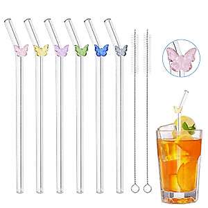 Clear Glass Straws with Design, 6Pcs Reusable Straws, Butterfly Glass Straw Shatter Resistant with 2 Cleaning Brush, Cute Straws with Charms Butterfly, Bent Drinking Straws for Smoothies Juice