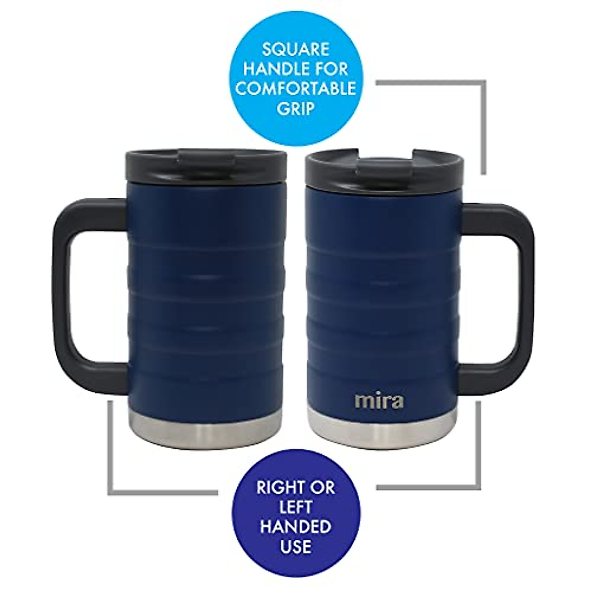MIRA Vacuum Insulated Coffee Mug with Handle, 14oz Stainless Steel Tea Coffee Travel Mug, Double Wall Reusable thermal Coffee Cup with Lid, Admiral Blue