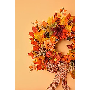 Fall Wreath for Front Door, 24 Inch Fall Door Wreath with Wreath Hanger, Autumn Pumpkin Wreath for Fall Decor Outdoor Indoor, Thanksgiving Day, Fall Decorations for Home