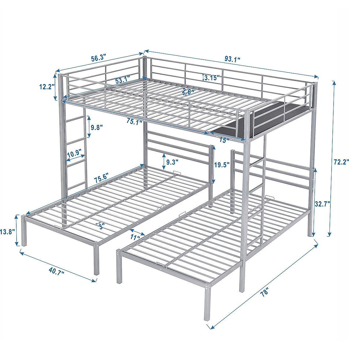 Oudiec Triple Bunk Bed,Full Over Twin&Twin Size Bunk Bed with Built-in Shelf&Ladders,L-Shaped Bunk Bed with Full-Length Guardrails, Space-Saving, Noise-Free, Silver