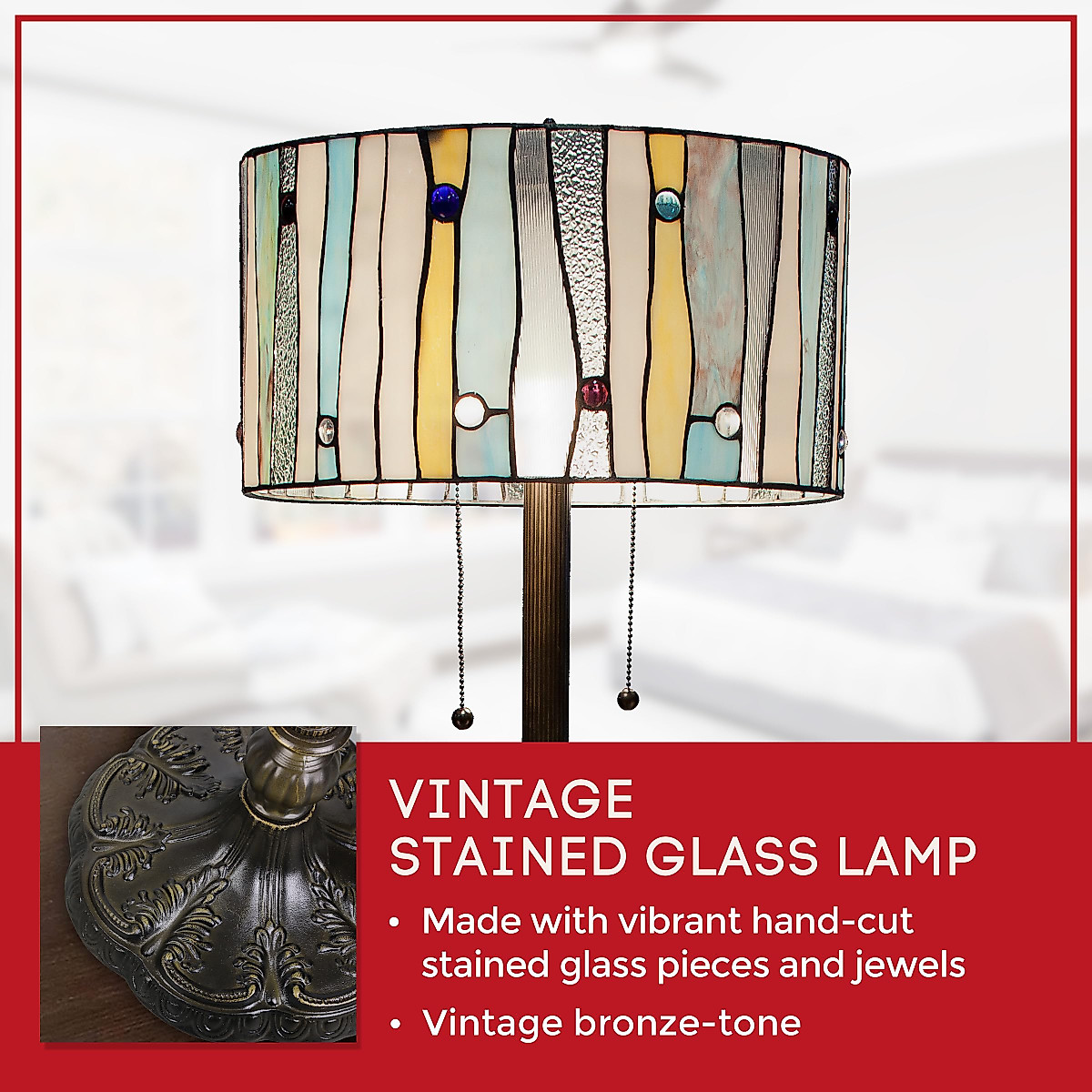 Serena D'italia Tiffany Style Lamps, Blue Contemporary Floor Lamp, Mosaic Stained Glass Lamp and Bronze Finish Base, Double Pull Chain (Blue, White, Yellow)