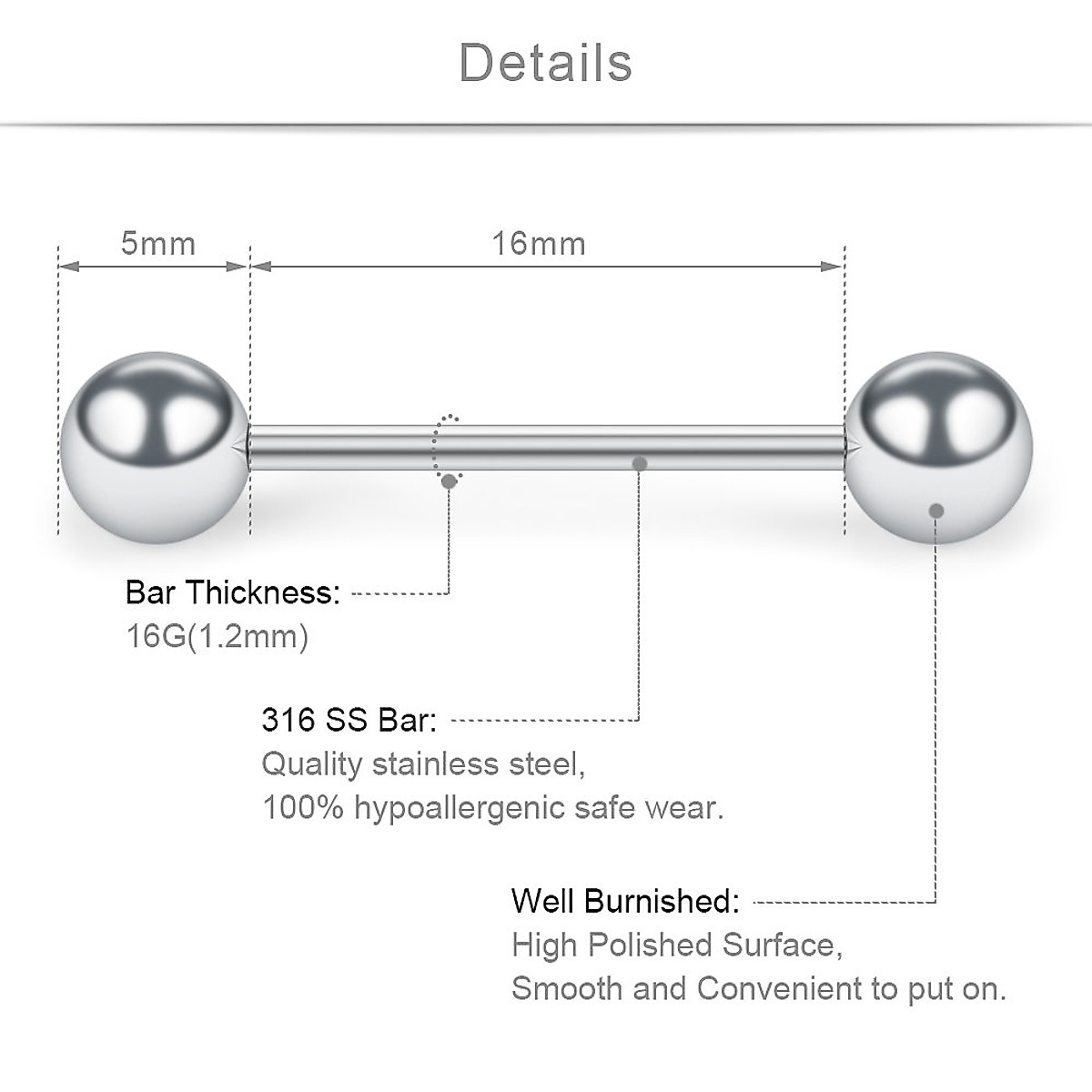 SCERRING 316L Stainless Steel Externally Threaded Nipple Bar Barbell Rings Piercing Retainer 16G 5/8Inch 12PCS