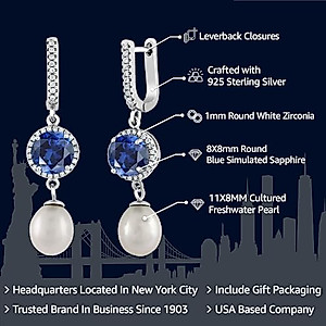 Gem Stone King 925 Sterling Silver Round 8MM Gemstone Birthstone and 11X8MM Cultured Freshwater Pearl Drop Dangle Earrings For Women