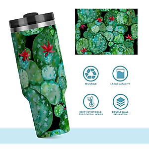 Yasala Car Tumbler with Handle Green Cactus Watercolor Travel Mug Coffee Cup Insulated Beverage Container Mega Cup for Hot Cold Drinking Thermos Water Bottle Cupholder Friendly 40 oz