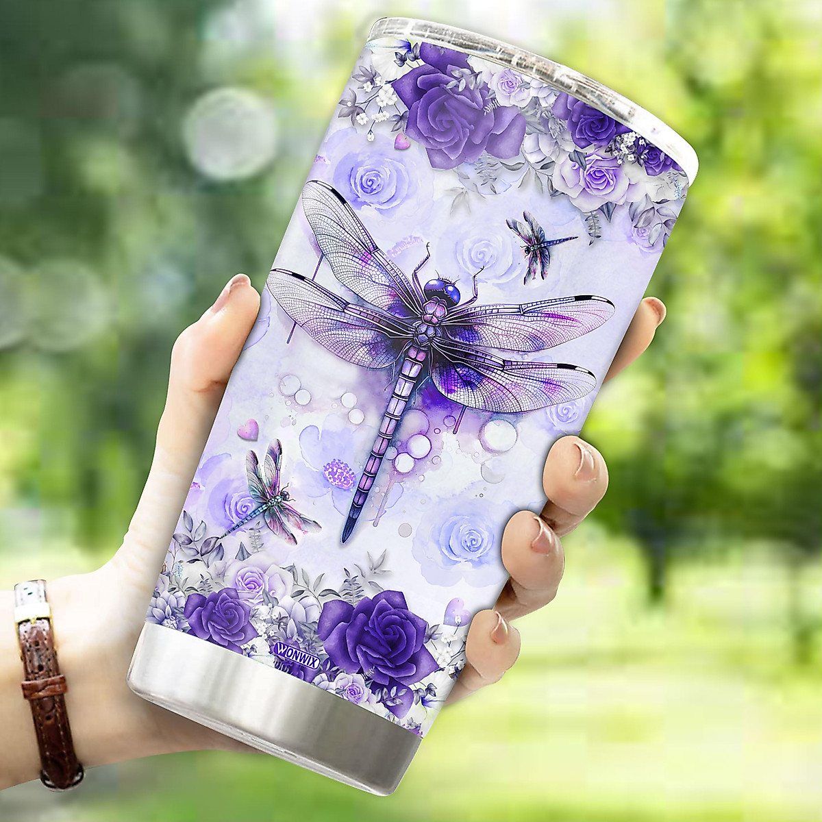 WONWIX Personalized Dragonfly Coffee Mug Cups Gifts For Women Unique Mom, Purple Dragonflies Water Bottle Mothers Day Birthday Christmas Valentine 20oz Stainless Steel Thermos Tumbler Cup With Lid