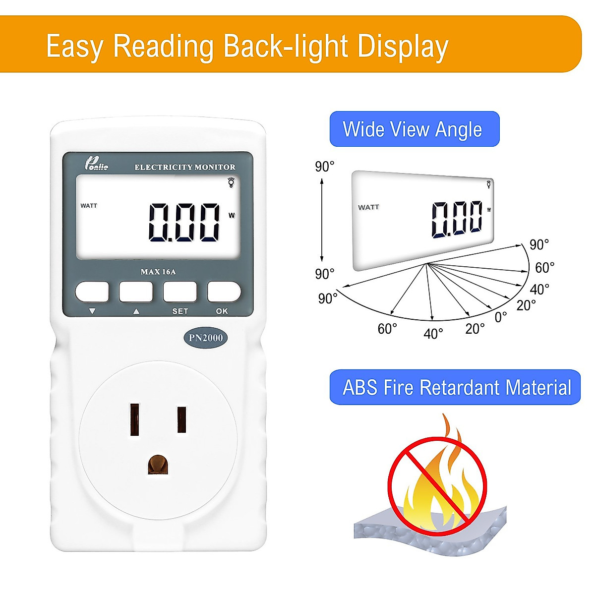 Poniie PN2000 Plug-in Kilowatt Electricity Usage Monitor Electrical Power Consumption Watt Meter Tester