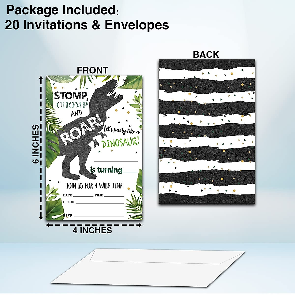 NYCTUG Stomp Chomp Roar Dinosaur Fill-In Birthday Invitation(4" X 6"), T-Rex Double-Sided Party Invites-20 Invitations With Envelopes-Party Supplies-A03