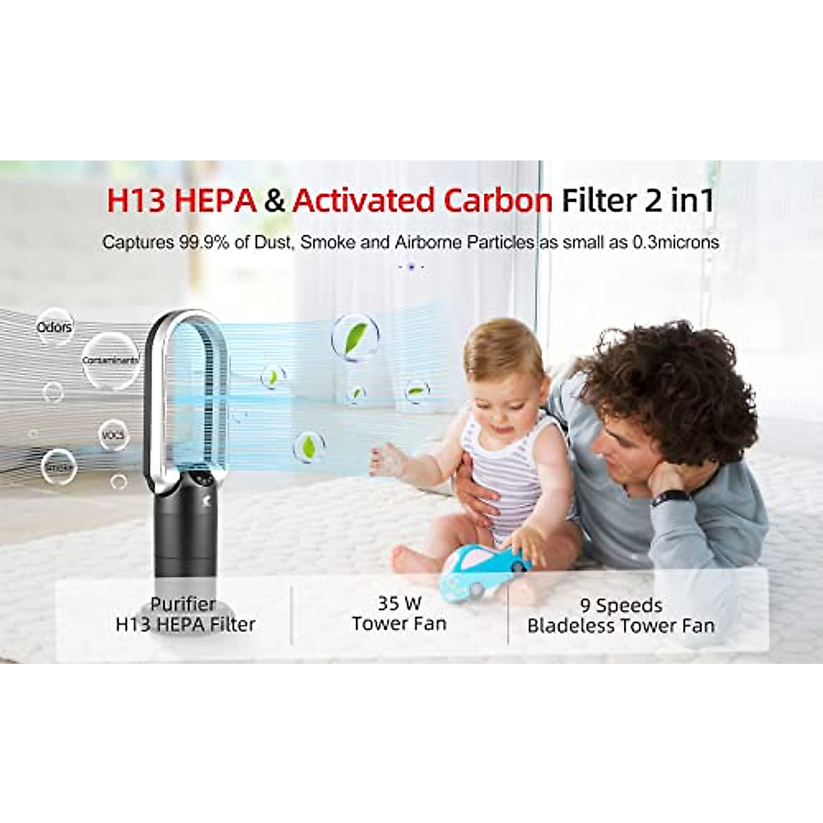 Bladeless Tower Fan & H13 HEPA Air Purifier & 1500W Space Heater 3in1, 120° Swing & 210° Tilt Head Table Fan, 29in. 35W Desk Fan with Remote, 9 Speeds 9H Timer Air Circulator for Home Office, G/S…