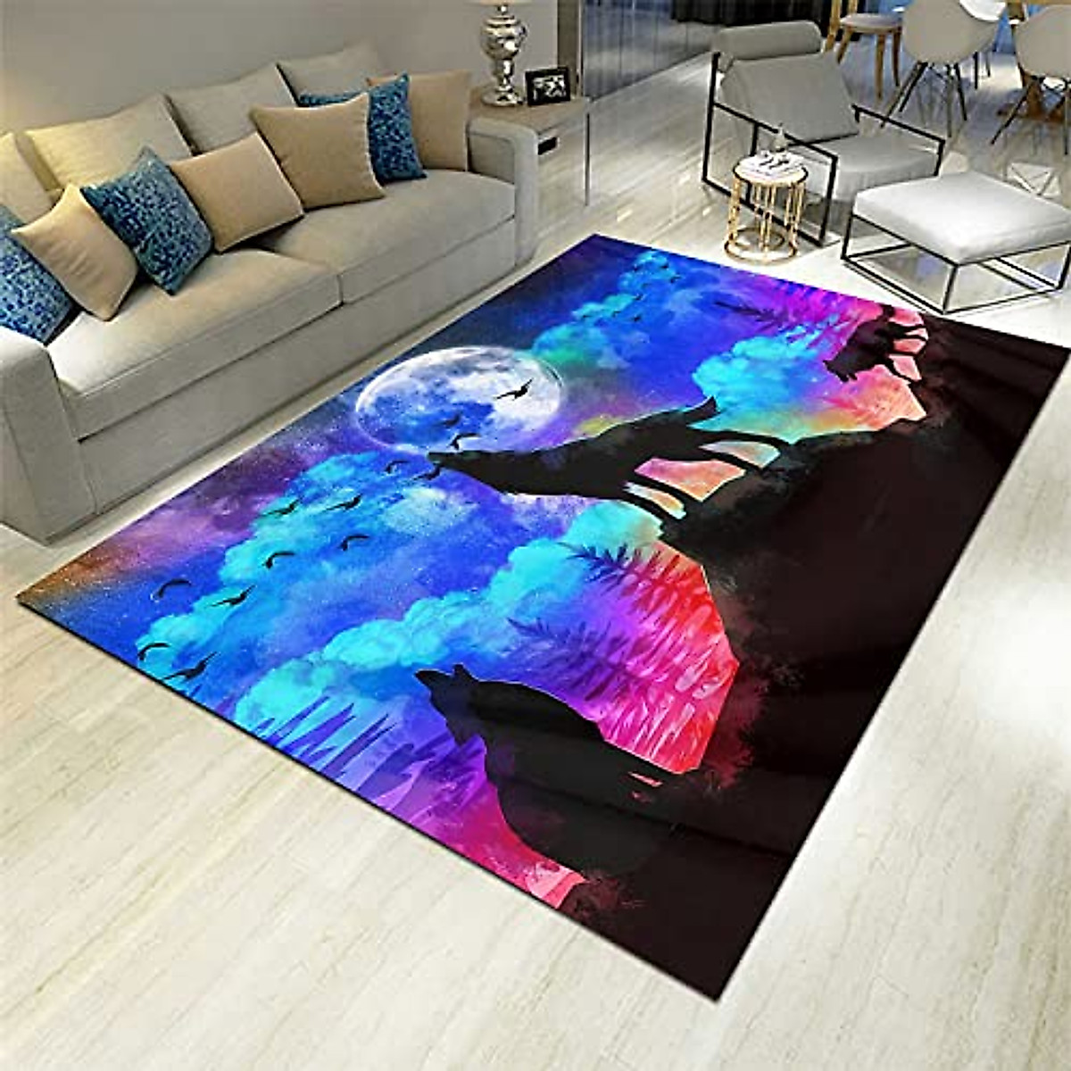 Youshosho Hippie Wolf Indoor Modern Area Rug, Soft Non-Shedding Carpet Floor Mats Living Room Bedroom Area Rugs