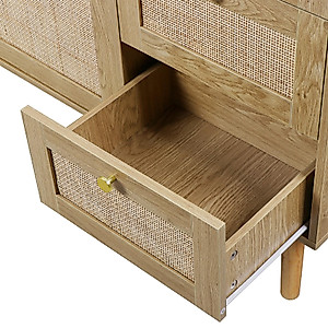 Anmytek Rattan Sideboard Buffet Cabinet with 2 Doors and 3 Drawers, Buffet Cabinet with Storage Wood Credenza Storage Cabinet for Living Room Dining Room Hallway Kitchen, Natural Oak H0088