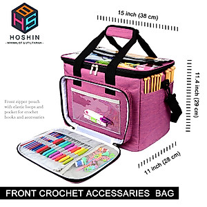 Hoshin Knitting Bag for Yarn Storage, High Capacity Yarn Totes Organizer with Inner Divider Portable for Carrying Project, Knitting Needles(up to 14”), Crochet Hooks, Skeins of Yarn (Purple)