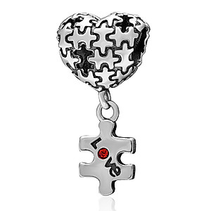 Autism Awareness Charm Puzzle Charm 925 Sterling Silver Red Heart Charm Love Charm for Pandora Bracelet