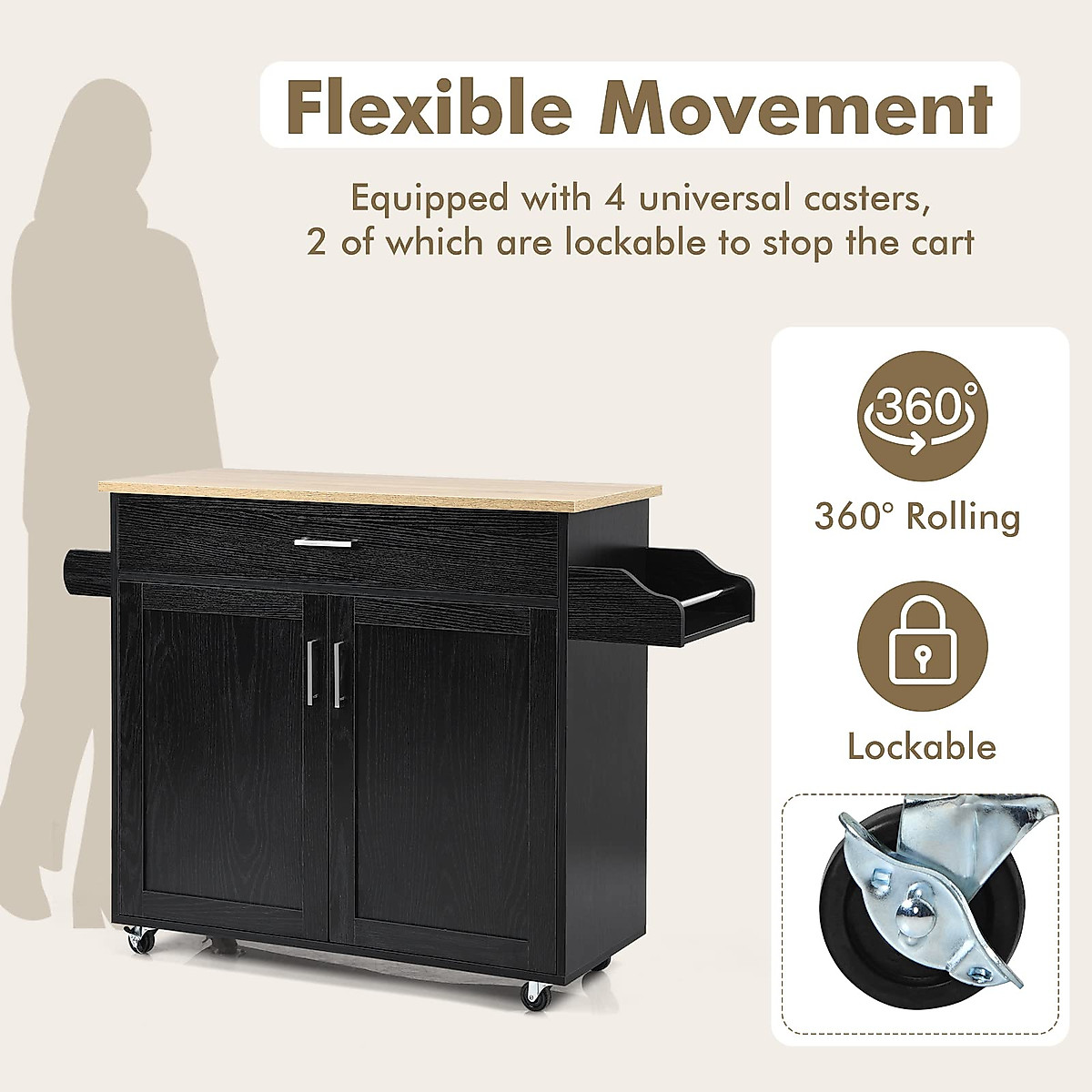 COSTWAY Kitchen Island Cart, Rolling Storage Trolley Cart with Lockable Rubber Wheels, Large Cabinet, Drawer, Spice Rack and Towel Rack, Kitchen Serving Utility, 3-Position Adjustable Shelf (Black)